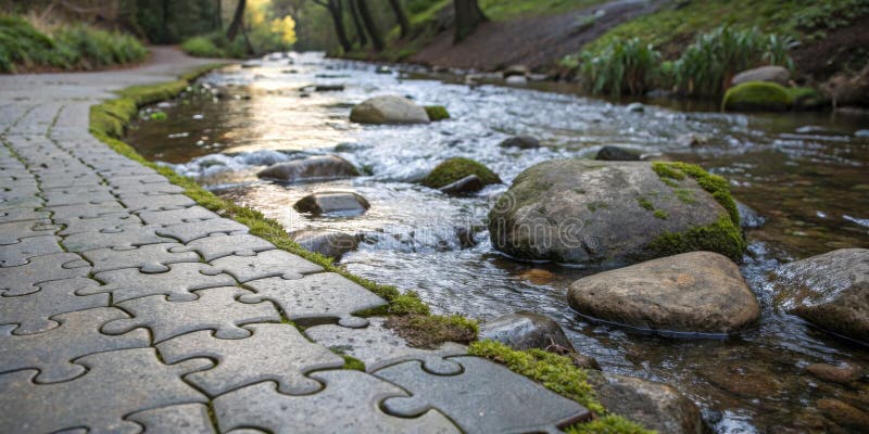 Tranquil Streamside Path with Puzzle-shaped Pavement and Natural Stones ...