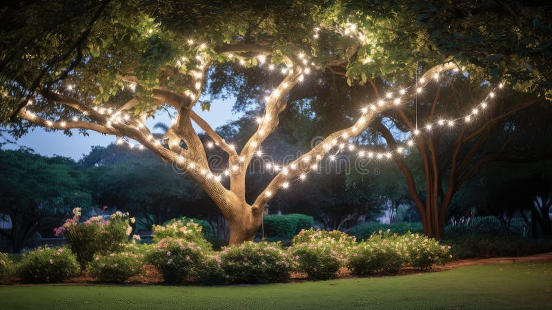 Tranquil String Lights Tree Stock Illustration - Illustration of gentle ...