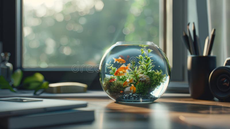 A Tranquil Study Corner Displaying a Planted Fish Bowl As a Unique Desk ...
