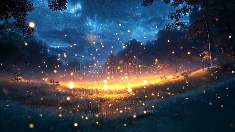 Summer Night with Glowing Fireflies in a Serene Forest Landscape Under ...