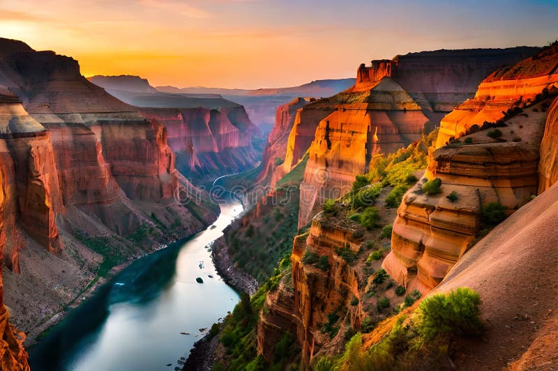 A Tranquil, Sun-drenched Canyon with a Meandering River Cutting through ... A Tranquil, Sun-drenched Canyon with a Meandering River Cutting through ...