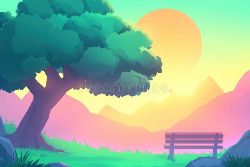 Tranquil Sunrise Landscape with Tree and Bench in Pastel Colors Stock ...