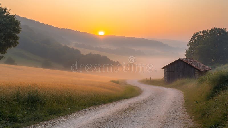 Tranquil Sunrise Over Misty Countryside Path with Rustic Barn Stock Photo - Image of view, rural ...