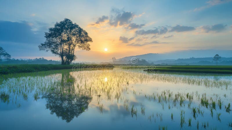 Tranquil Sunrise Over a Waterlogged Rice Paddy Field Stock Illustration ...