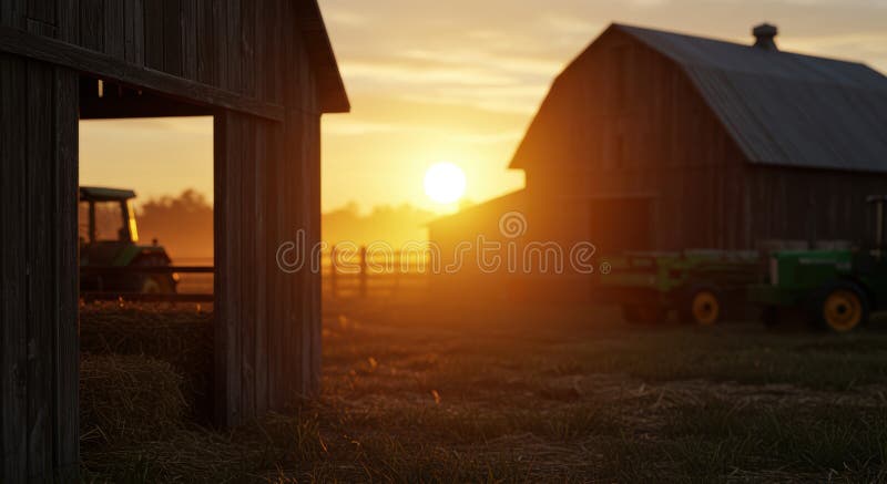 Tranquil Sunrise on Rustic Farm: Barns, Tractors, and Morning Light ...