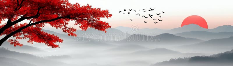 Tranquil Sunrise Scene with Red Tree Mountains Stock Illustration ...