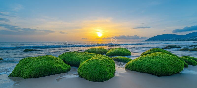Tranquil Sunrise Seascape Moss-Covered Rocks on a Beach with a Mountain ...