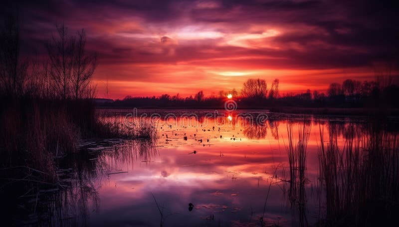 Tranquil Sunrise Silhouette, Reflecting Beauty in Nature Multi Colored ...