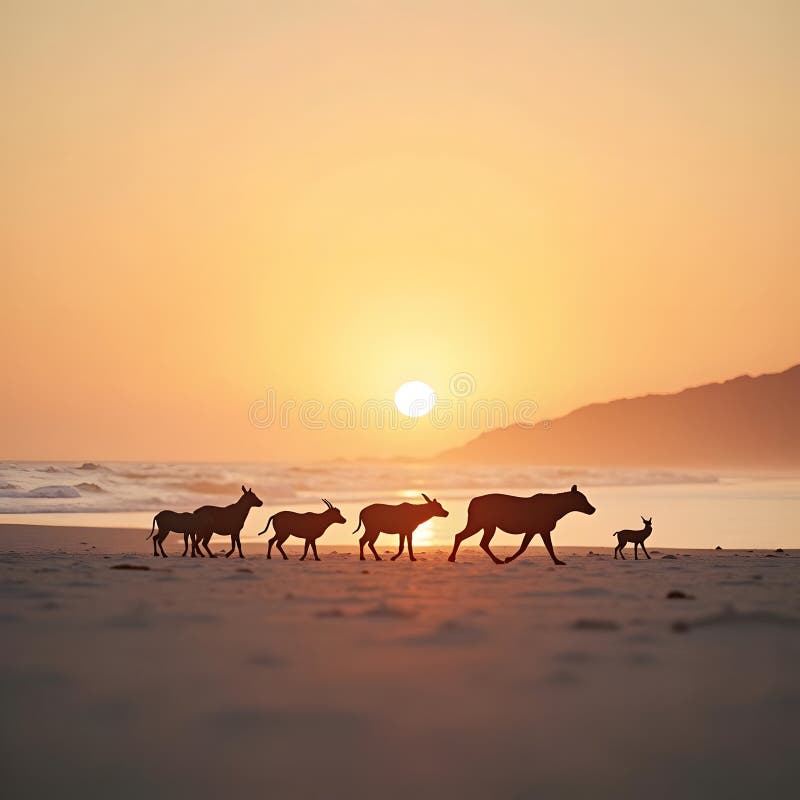 Tranquil Sunset Beach Scene with Sharp-Focused Animals Stock ...