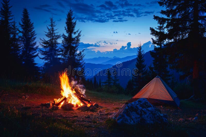 Tranquil Sunset Campfire Scene in a Dense Pine Forest Stock ...