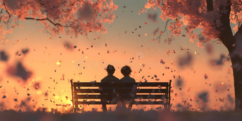 Tranquil Sunset Couple on a Bench Amidst Falling Blossoms Stock ...