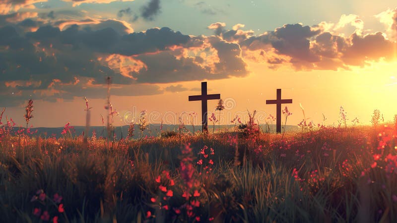 Tranquil Sunset at a Field with Crosses Representing Memory and Peace ...