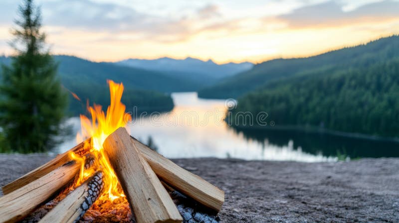 Tranquil Sunset by Lakeside with Campfire Amidst Forested Mountains ...