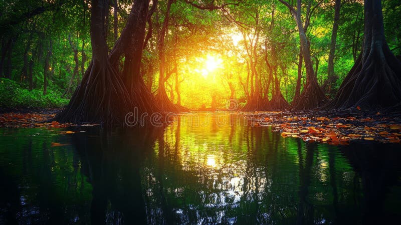 Sunset Stream in Forest. a Peaceful Stream Flows through a Dense Forest ...