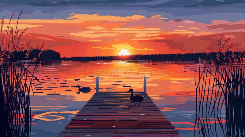 Tranquil Sunset at a Minnesota Lake with Silhouettes of Ducks, Dock ...