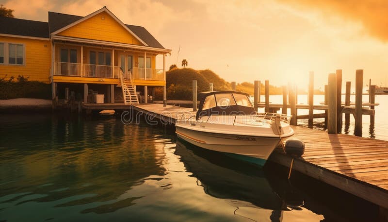 Tranquil Sunset on Nautical Vessel, Yacht Sails Towards Jetty Generated ...