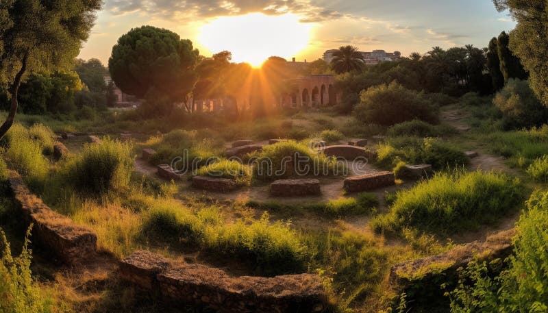 Tranquil Sunset Over Ancient Forest and Meadow Generated by AI Stock ...