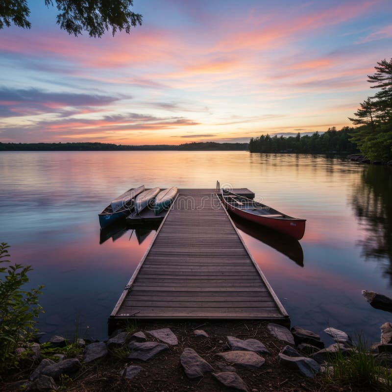 Tranquil Sunset Over Calm Lake with Canoes at Dock Stock Illustration ...