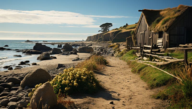 Tranquil Sunset Over Coastal Cliff, Water Edge Generated by AI Stock ...