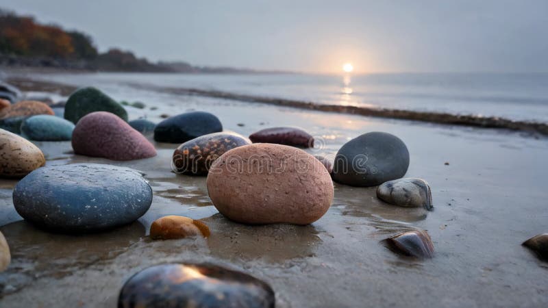 A Tranquil Sunset Over a Colorful Array of Pebbles on the Serene ...