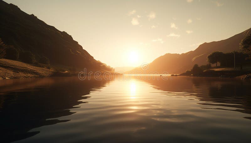 Tranquil Sunset Over Mountain Range Reflects in Calm Waters Edge ...