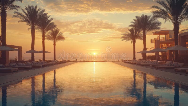 Tranquil Sunset Over Ocean with Resort Pool Stock Illustration ...