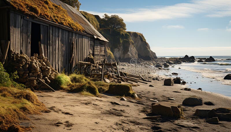Tranquil Sunset Over Old Coastal Cottage by Water Generated by AI Stock ...