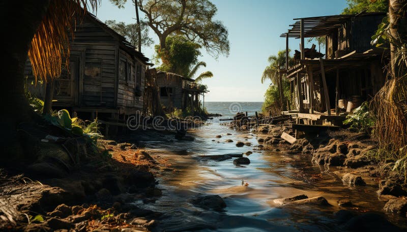 Tranquil Sunset Over Old Hut, Reflecting Beauty in Nature Generated by ...