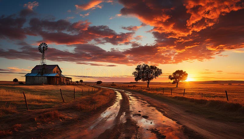 Tranquil Sunset Over Rural Farm, Nature Beauty Generated by AI Stock ...