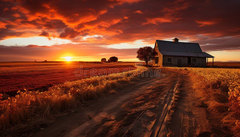 Tranquil Sunset Over Rural Farm, Nature Beauty Generated by AI Stock ...