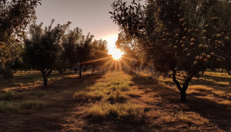 Tranquil Sunset Over Rural Farm, Orange Sky, Green Meadow Generated by ...