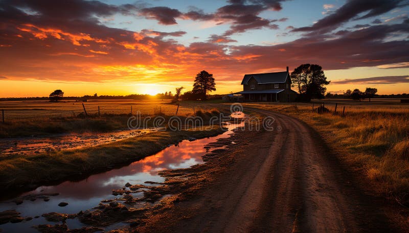 Tranquil Sunset Over Rural Farm, Reflecting Beauty Generated by AI ...
