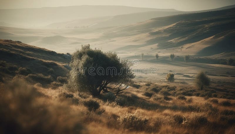 Tranquil Sunset Over Rural Meadow, Olive Trees Dot the Landscape ...