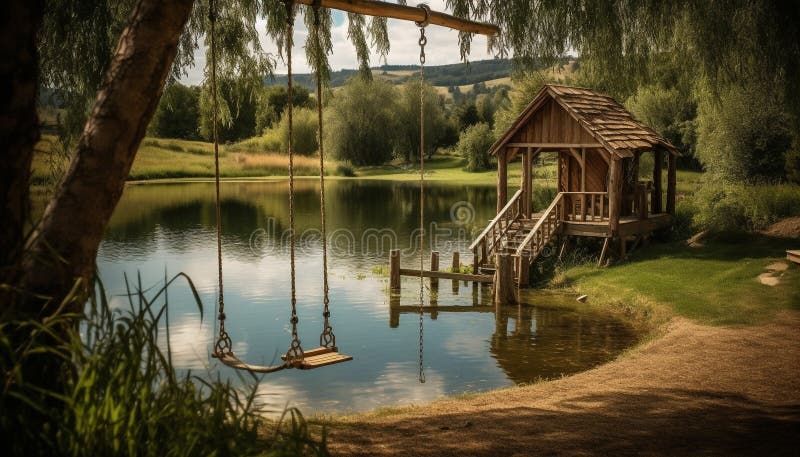Tranquil Sunset Over Rustic Wooden Cottage by Pond Generated by AI ...