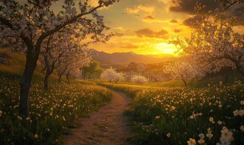 Tranquil Sunset Over Spring Blossom Pathway Stock Photo - Image of calm ...