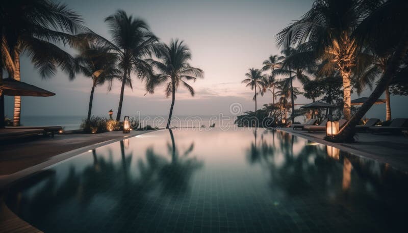 Tranquil Sunset Over Tropical Resort, Palm Trees Silhouette Backlit ...