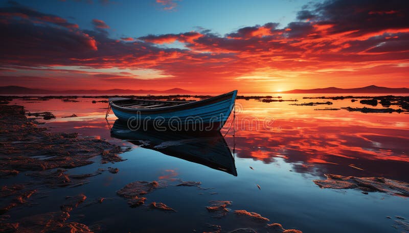 Tranquil Sunset Over Water, Fishing Boat Sails Generated by AI Stock ...