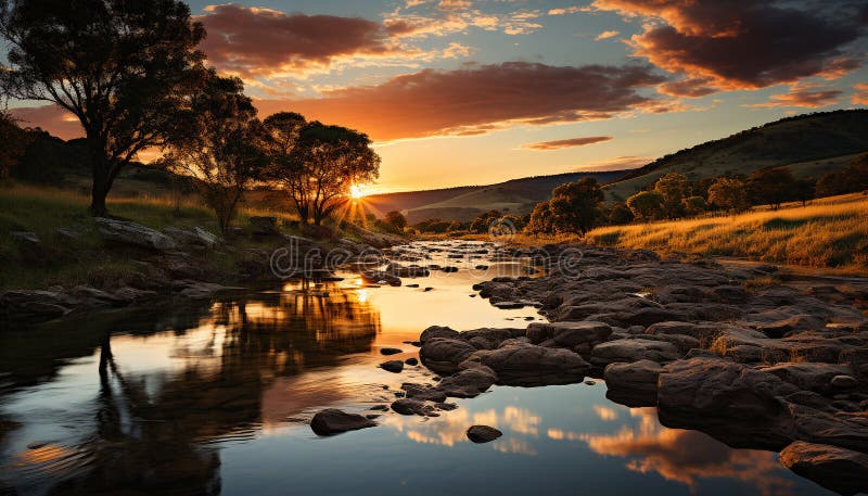 Tranquil Sunset Over Water, Reflecting Nature Beauty Generated by AI ...