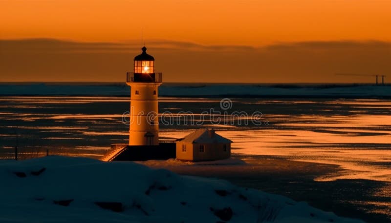 Tranquil Sunset Over Winter Coastline, Illuminated Beacon Guides ...