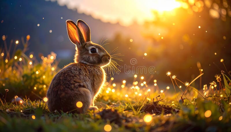 Tranquil Sunset with a Rabbit in the Grass, Serene Meadow Scene Stock ...