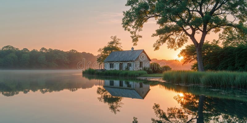 Tranquil Sunset Reflection by a Lakeside Cottage and Tree Stock Photo ...
