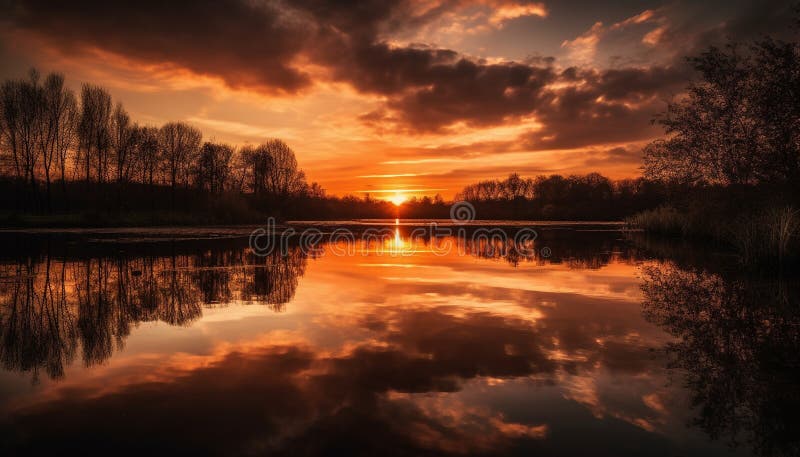 Tranquil Sunset Reflection on Pond, Nature Beauty in Vibrant Colors ...