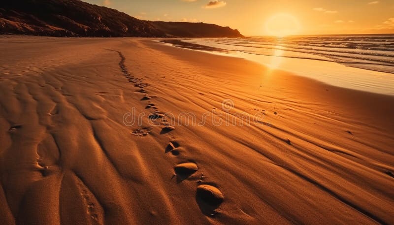 Tranquil Sunset on Remote Coastline, Ripples in Golden Waters Generated ...
