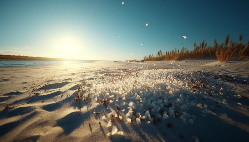 Tranquil Sunset Seascape, Blue Horizon, Sandy Beach, Serene Reflection ...