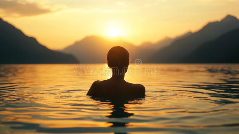 Tranquil Sunset Swim in Serene Mountain Lake Stock Illustration ...