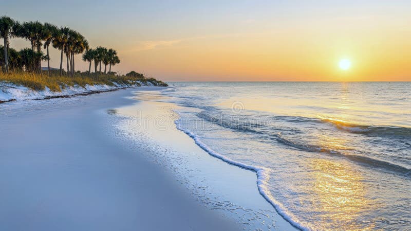 Tranquil Sunset on Tropical Beach with Gentle Waves and Palm Trees ...