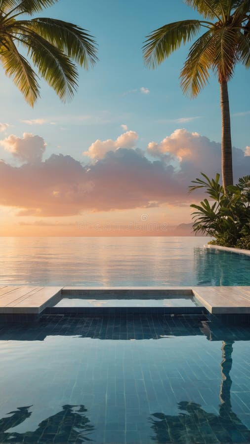 Tranquil Sunset View from a Palm Tree Lined Infinity Pool Stock Photo ...