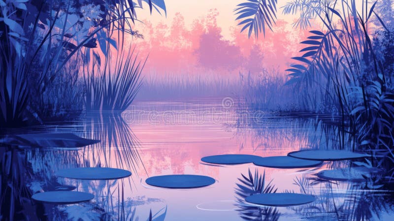 Tranquil Swamp Sunset with Lily Pads Stock Illustration - Illustration ...