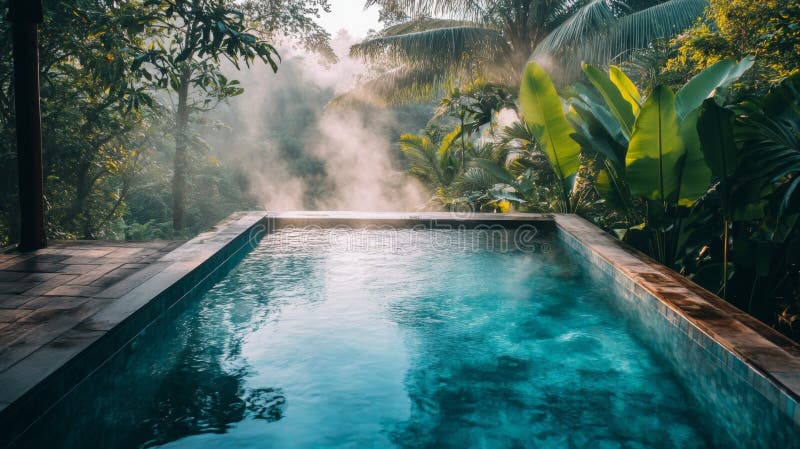 Tranquil Swimming Pool Surrounded by Lush Greenery and Mist Stock ...