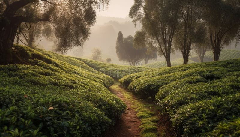 Tranquil Tea Farm Landscape with Organic Growth and Terraced Fields ...